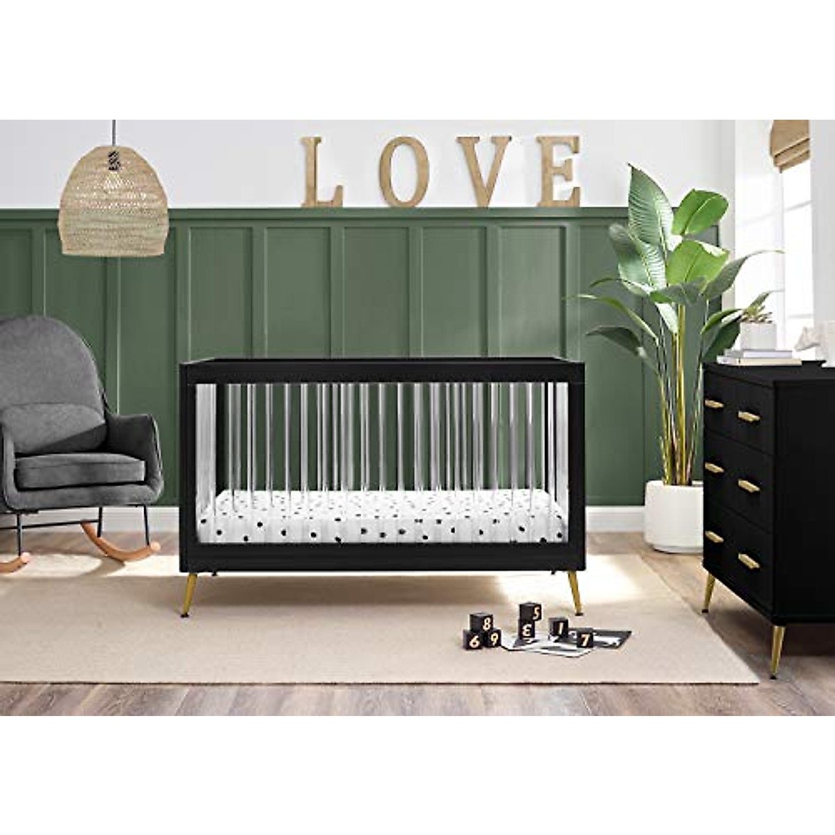Delta Children Sloane 4-in-1 Acrylic Convertible Crib - Includes Conversion Rails, Black w/Melted Bronze