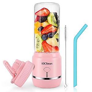 iOCSmart Portable Blender USB Rechargeable, Mini Blender for Shakes and Smoothies, Personal Blender with Silicone Straw 13.5oz Bottle for Travel Sports Kitchen (Pink)