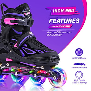 2pm Sports Vinal Girls Adjustable Inline Skates with Light up Wheels Beginner Skates Fun Illuminating Roller Skates for Kids Boys and Ladies - Violet Medium(1Y-4Y US)