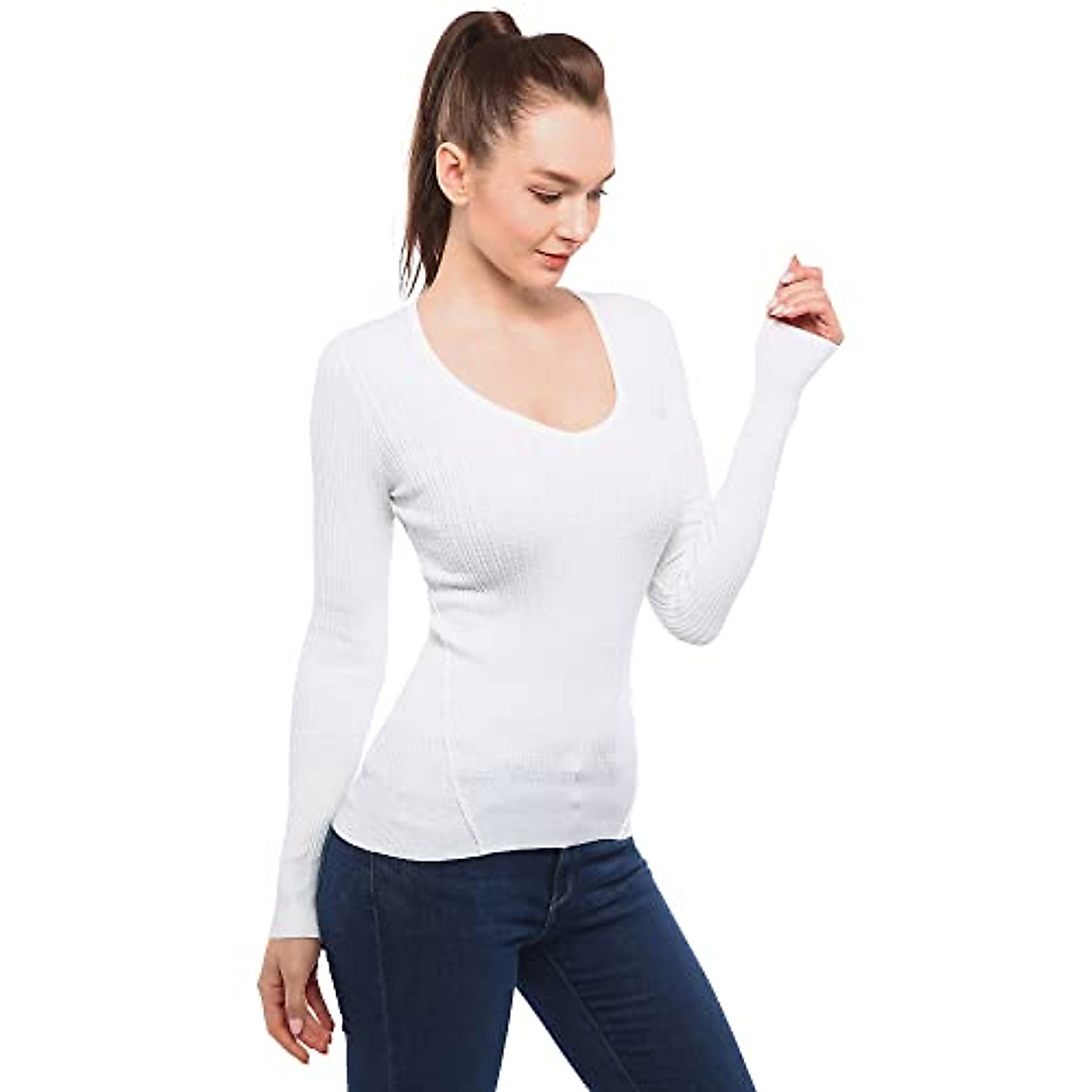 AmélieBoutik Women V Neck Long Sleeve Ribbed Pullover Knit Sweater Top (Ivory White Medium)