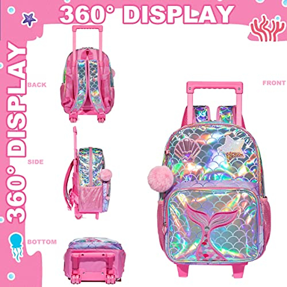 ZBAOGTW Mermaid Rolling Backpack for Girls Kids Backpack with Wheels for Elementary Kindergarten Girls Wheeled Backpack Carry on Luggage for School Travel