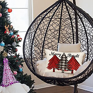 Fukeen Merry Bright Christmas Tree Pillow Covers 12x20 Inch Black White Buffalo Plaids Checked Xmas Red Trees Farmhouse Decorations Throw Waist Pillow Cases Cotton Linen Winter Cushion Cover