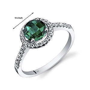 PEORA Created Emerald Ring for Women 14K White Gold with Genuine White Topaz, 1 Carat Round Shape 6.5mm, Halo Design, Size 9