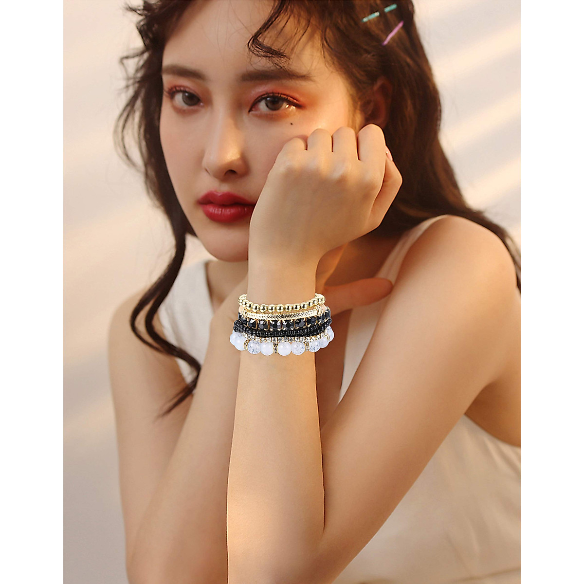 LOYALLOOK 6 Set Bohemian Stackable Bead Bracelets for Women Colorful Bangle Bracelets Multilayer Stretch Bracelets