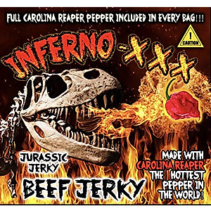 JURASSIC JERKY’S INFERNO - XXX HOT Beef Jerky * Every 1.5 oz bag includes (1) Carolina Reaper Pepper the Hottest Pepper in the World! Can you handle the Heat? Take the Challenge!