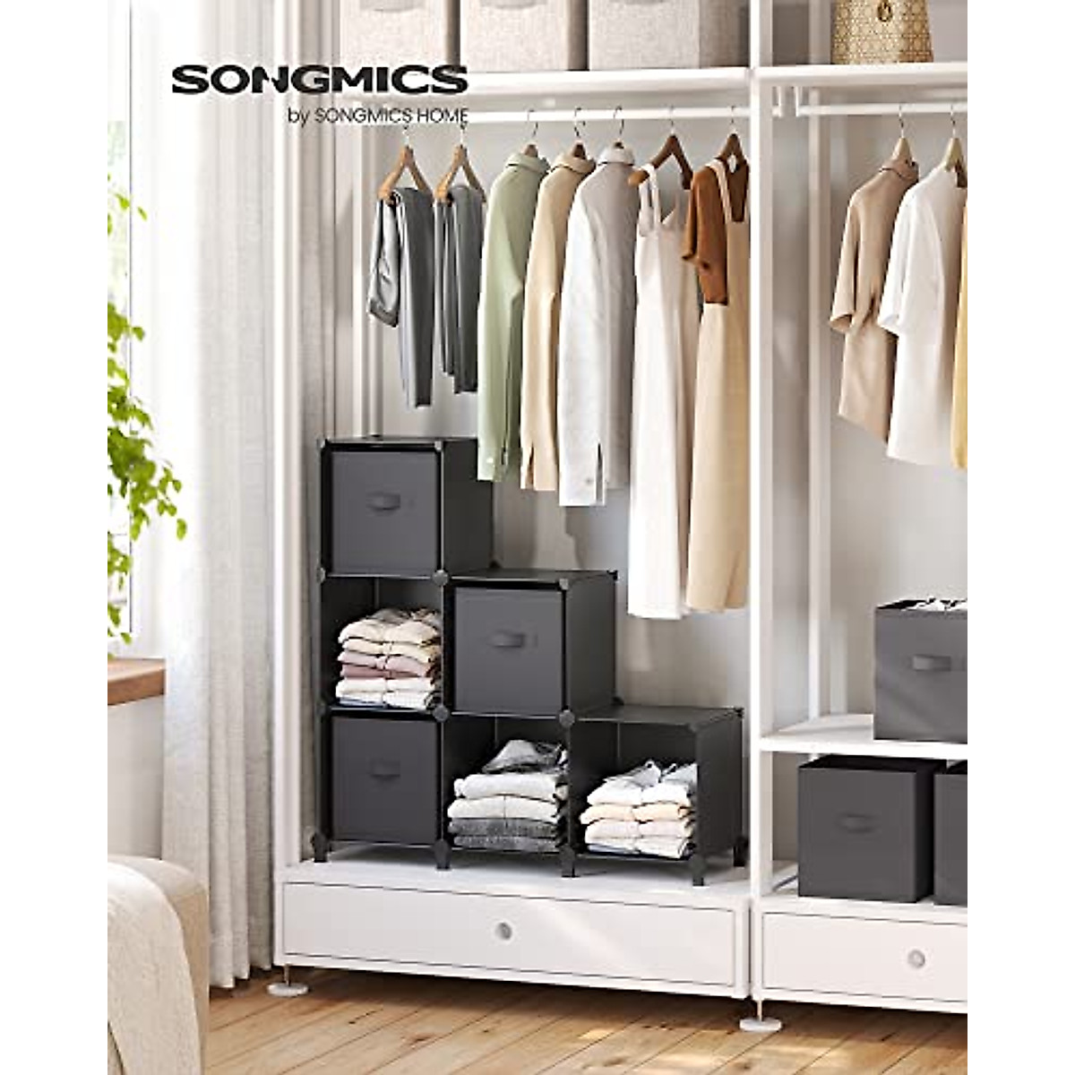 SONGMICS Cube Storage Organizer with Storage Boxes, 6-Cube Organizer, 6 Collapsible Non-Woven Fabric Bins, Customizable Shape, Bedroom, Living Room, Space-Saving, Black and Gray ULPC062B01