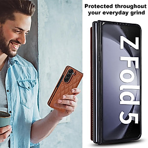 XIZYO for Samsung Galaxy Z Fold 5 Case, for Z Fold 5 Wallet Case with Card Holder Slot Kickstand Cute Aesthetic Leather Flip for Women Men Shockproof Protective Bumper Cover, Brown