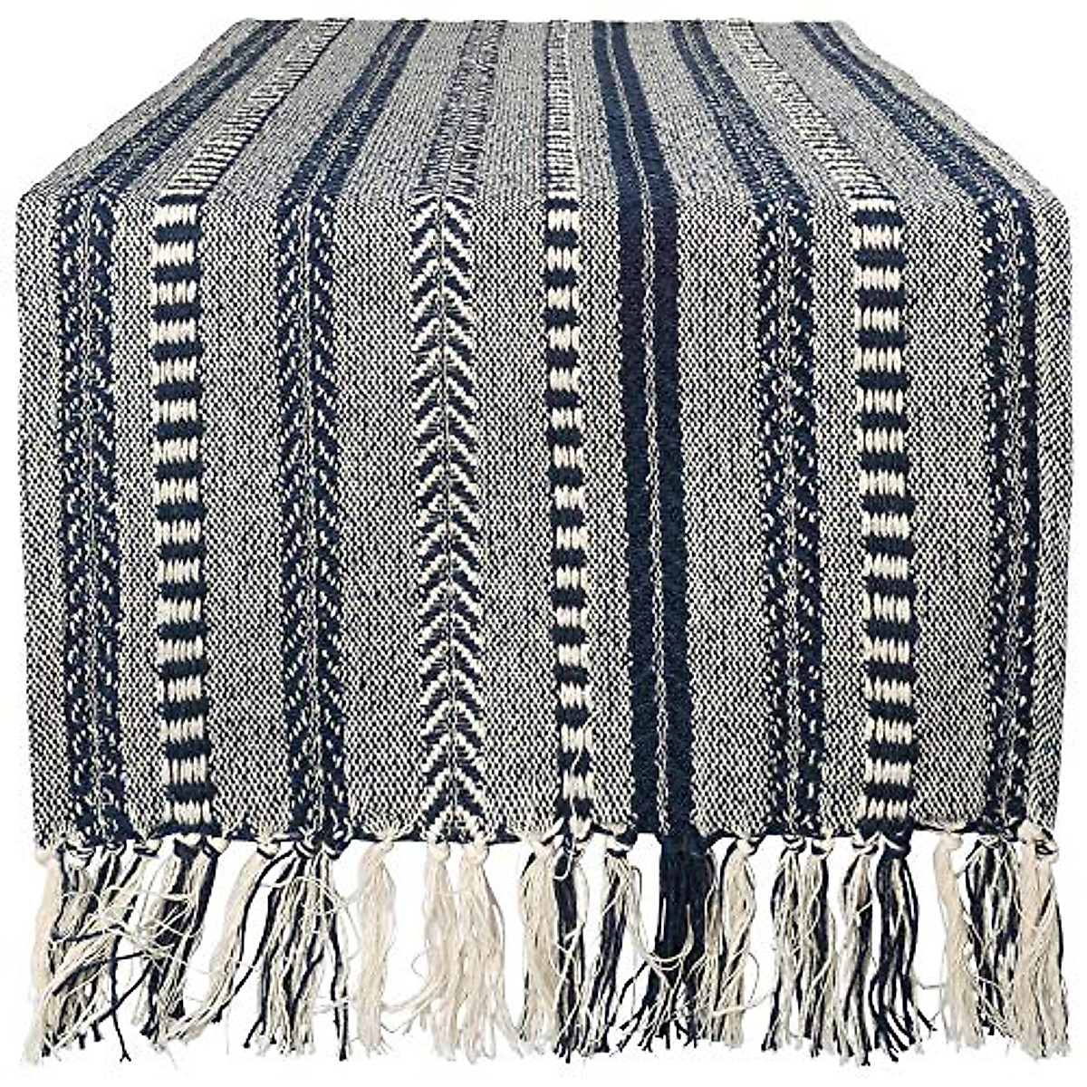 DII Farmhouse Braided Stripe Table Runner Collection, 15x72 (15x77, Fringe Included), Navy Blue