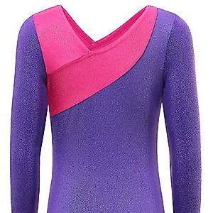 BAOHULU Toddlers Girls Gymnastics Dance Leotards-One-piece Sparkle Stripes & Stiching Athletic Clothes Purplelongsleeve 130(6-7Y)