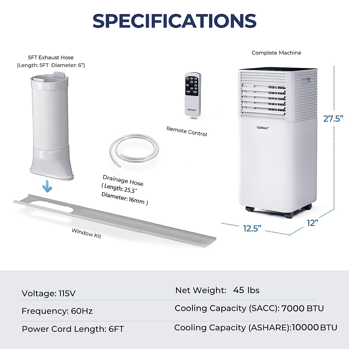 COSTWAY Portable Air Conditioner, 8000BTU Ac Unit Spaces up to 230sq.ft, with Remote Control, 24H Timer & Window Venting Kit, Sleep Mode, Suitable for Bedroom, Living Room, Office (8000BTU, Black)