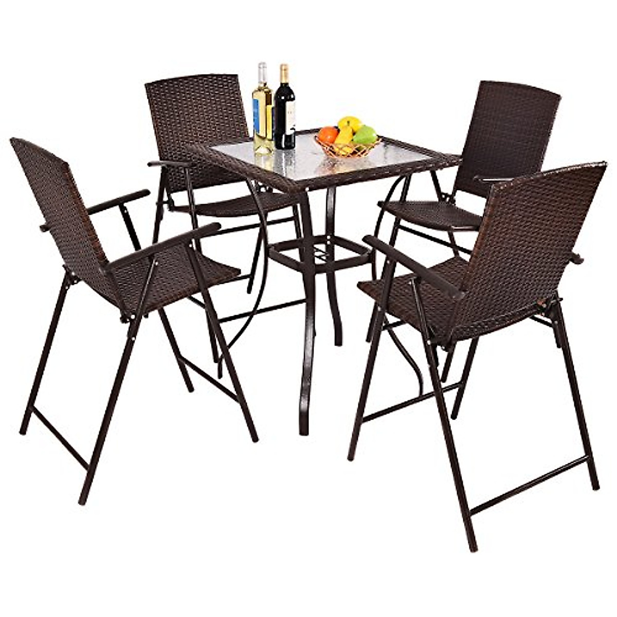 Tangkula 5 Pieces Patio Dining Set, 4 Folding Wicker Sling Chairs and Square Glass Top Table Set, with Umbrella Hole, Suitable for Apartment Balcony, Lawn, Garden and Poolside