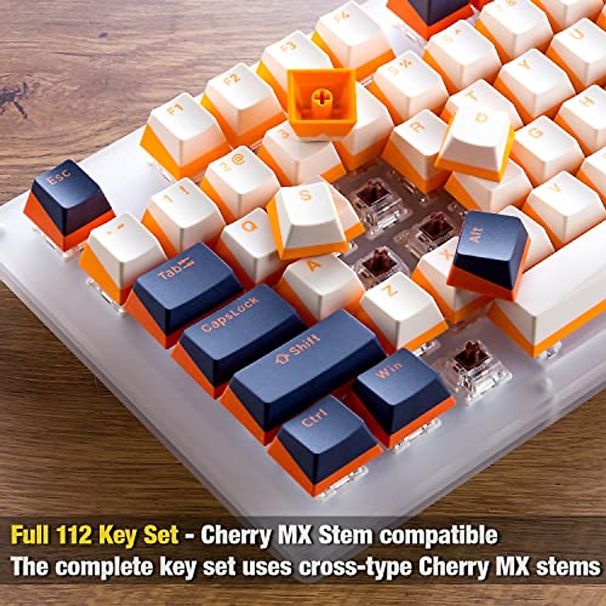 GUNMJO PBT Doubleshot Keycaps for Gaming Keyboard with Cherry MX Switches, OEM Profile 112 Keys with 6.25U Space Bar, Bevel Cut Keycaps for Mechanical Keyboard, White/Blue with Orange Bottom