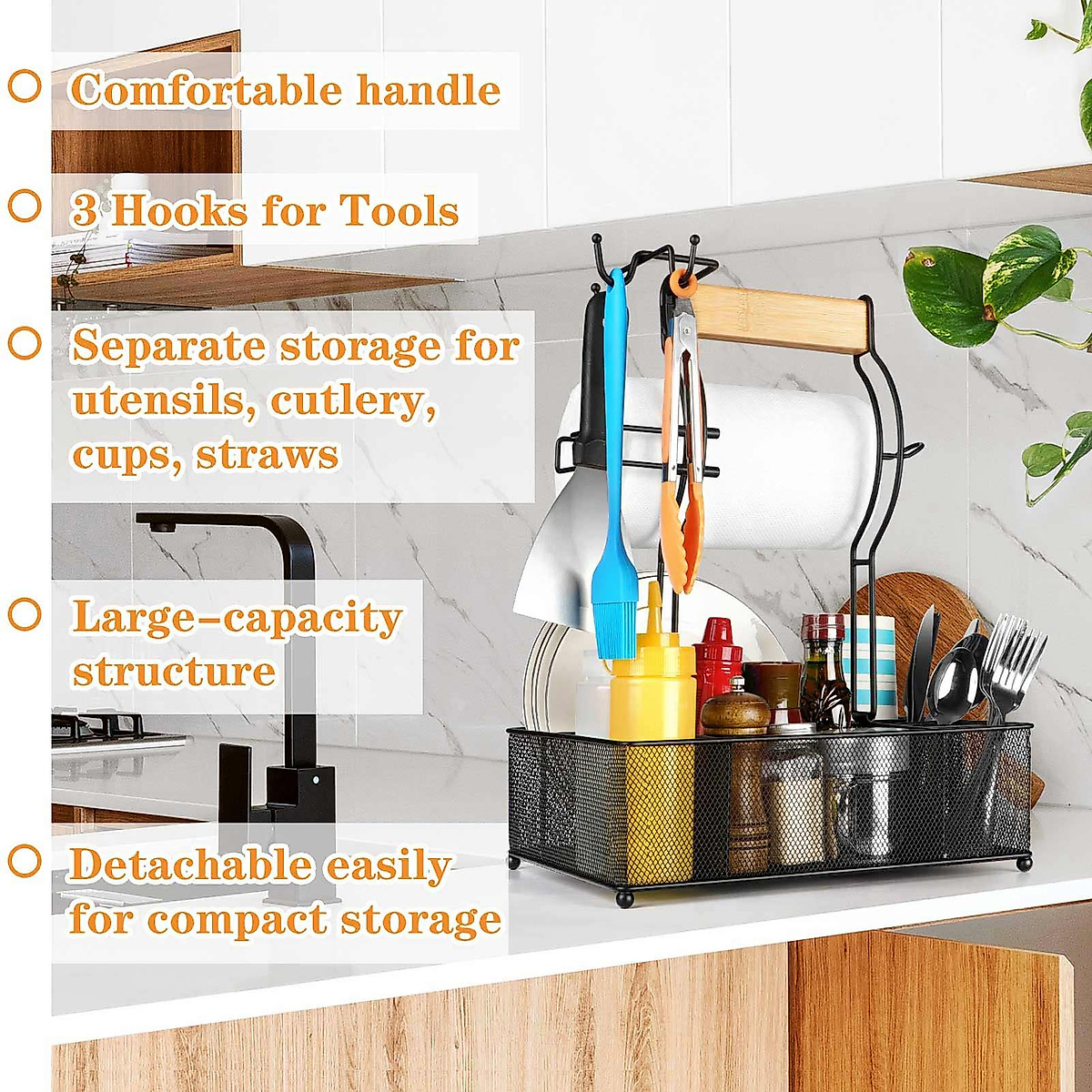 FANGSUN Large Grill Utensil Caddy, Picnic Condiment Caddy, BBQ Organizer for Camping Outdoor Mesh Basket with 3 Hanging Hooks and Paper Towel Holder, Ideal Table Storage Tools for Paper Plate Cutlery