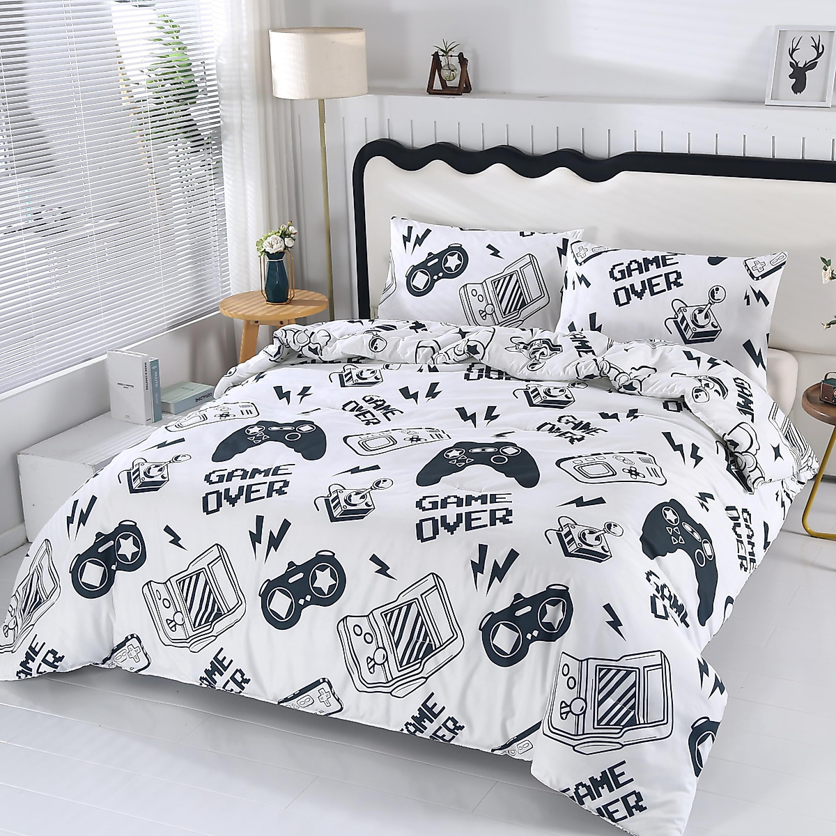 SDIII 3PCS White Gamer Comforter Set Full for Boys Girls Teens and Kids, Microfiber Full Size Comforter for Boys, Gaming Boys Comforter Set Full Size