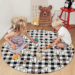 Plaid Pumpkin Large Area Rugs Carpet 5 Feet for Bedroom Living Room,Accent Throw Kitchen Hallway Bathroom Runner Rug Low Pile Entryway Door Mat Floor Doormat,Fall Thanksgiving Buffalo Plaid Leaves