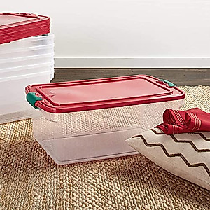 Homz 64 Quart Holiday Seasonal Decor Decoration Organizer Plastic Storage Bin Container with Red Tight Latching Lid and Green Handles, 6 Pack