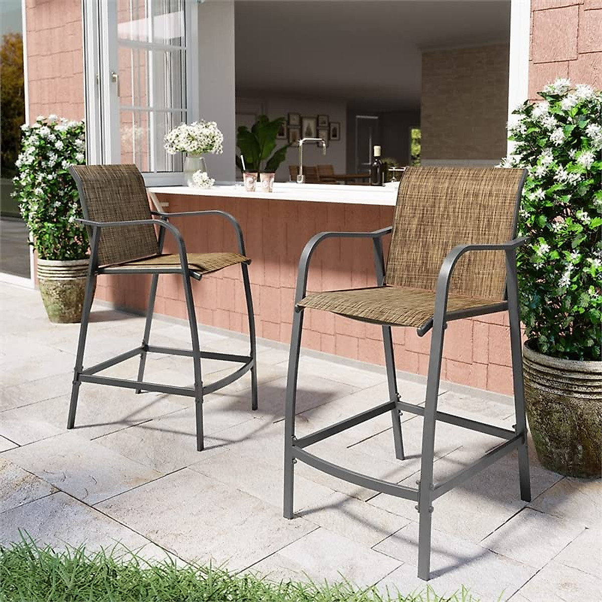 VredHom Outdoor Metal Bar Stools Patio Bar Stools Set of 2, Counter Height Chairs Steel Bar Chairs Lightweight Patio Furniture with Textilene, Armrest and Footrest,Brown