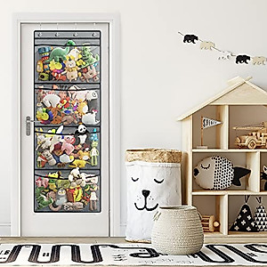 Fixwal 2pcs Over the Door Organizer, Stuffed Animal Storage for Closet Plush Toy, 4 Large Pockets Hanging Storage with Support Pole, Nursery Dorm Bedroom Bathroom Kids Room
