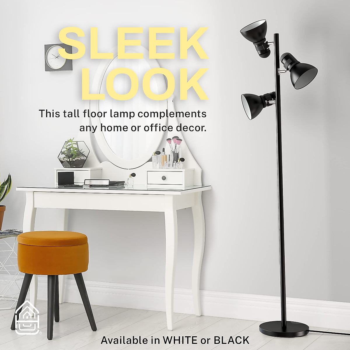 3 Light Floor Lamp Standing Lamp for Living Room, Bedroom, Office - Adjustable Modern Tree Floor Lamps, 60W Bright Spotlight Lighting - Rotating Swivel Corner Light for Reading, Black