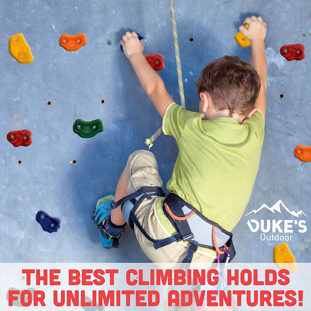 Duke's Outdoor Rock Climbing Holds Set for Kids - 25 Rock Climbing Wall Grips for Indoor & Outdoor Play Set, 8 Foot Knotted Climbing Rope, Chalk Bag & 3 DIY Videos
