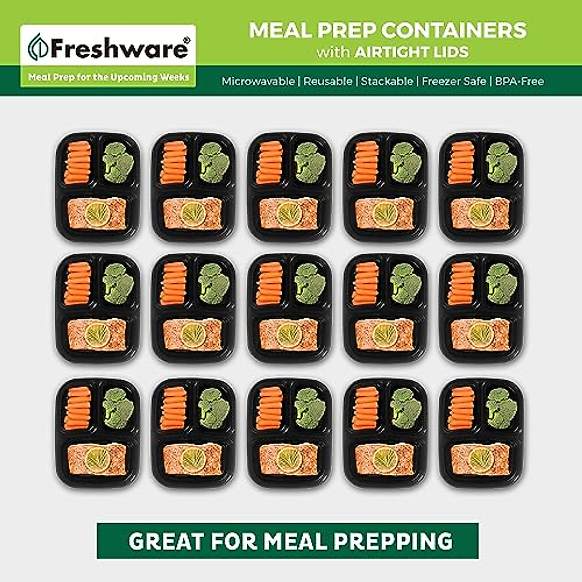 Freshware Meal Prep Containers [150 Pack] 3 Compartment with Lids, Food Storage Containers, Bento Box, BPA Free, Stackable, Microwave/Dishwasher/Freezer Safe (24 oz)