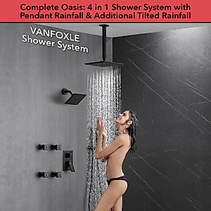 VANFOXLE Shower Faucet Set Matte Black Shower System,Four Modes Shower Faucet with 2 in 1 Handheld,Ceiling Mount 10 Inch Shower Head with 6 Inch Shower Head, 4 PCS Dual Modes Body Jets