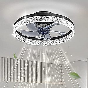 MORE CHANGE 20” Crystal Ceiling Fan with Light and Remote, Modern Enclosed Bladeless Fandelier Chandelier 3 Color Changes Flush Mount Low Profile Ceiling Fan for Living Dinning Room