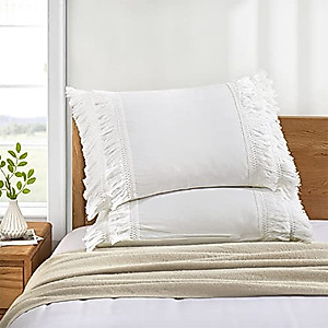 ZJZC Art White Duvet Cover Queen Size with Tassels,100% Cotton Boho Farmhouse Bedding Set 3 Pieces with Pillow Shams Super Soft and Breathable Bed Set for All Seasons (White, Queen)