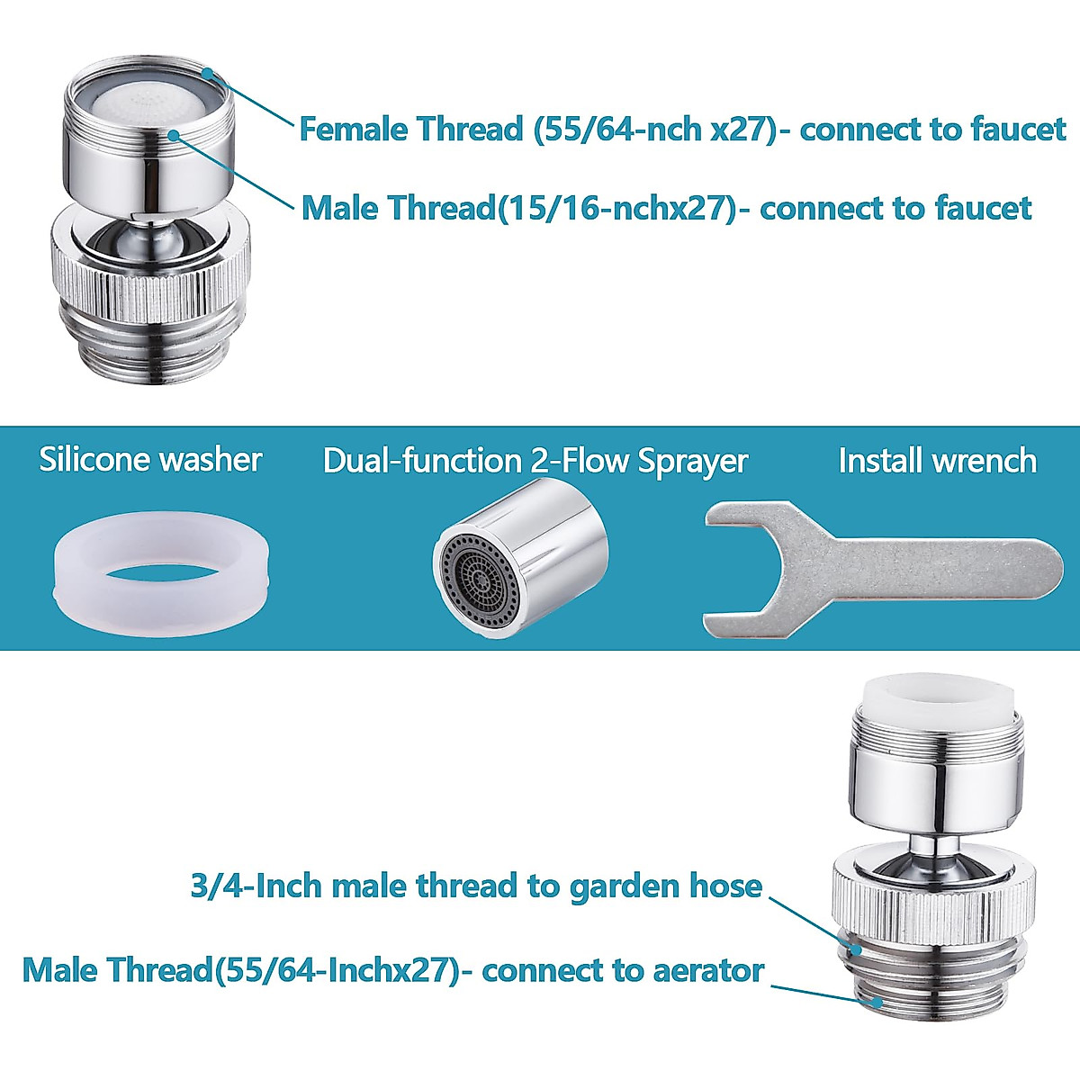 YRDL Faucet Adapter with Dual-function Aerator Kit, Sink Faucet to Garden Hose Adapter,Multi-Thread Sink Faucet Adapter for Kitchen and Bathroom，Sink to Hose Adapter，3/4" GHT Thread Chrome.