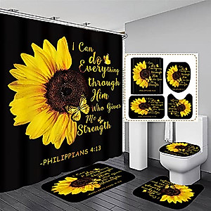 AZHM Sunflower Shower Curtain Sets 4 Piece Quotes Butterfly Bathroom Decor Sets with Rugs Include Waterproof Shower Curtain Non-Slip Rug Toilet Lid Cover Bath Mat and 12 Plastic Hooks