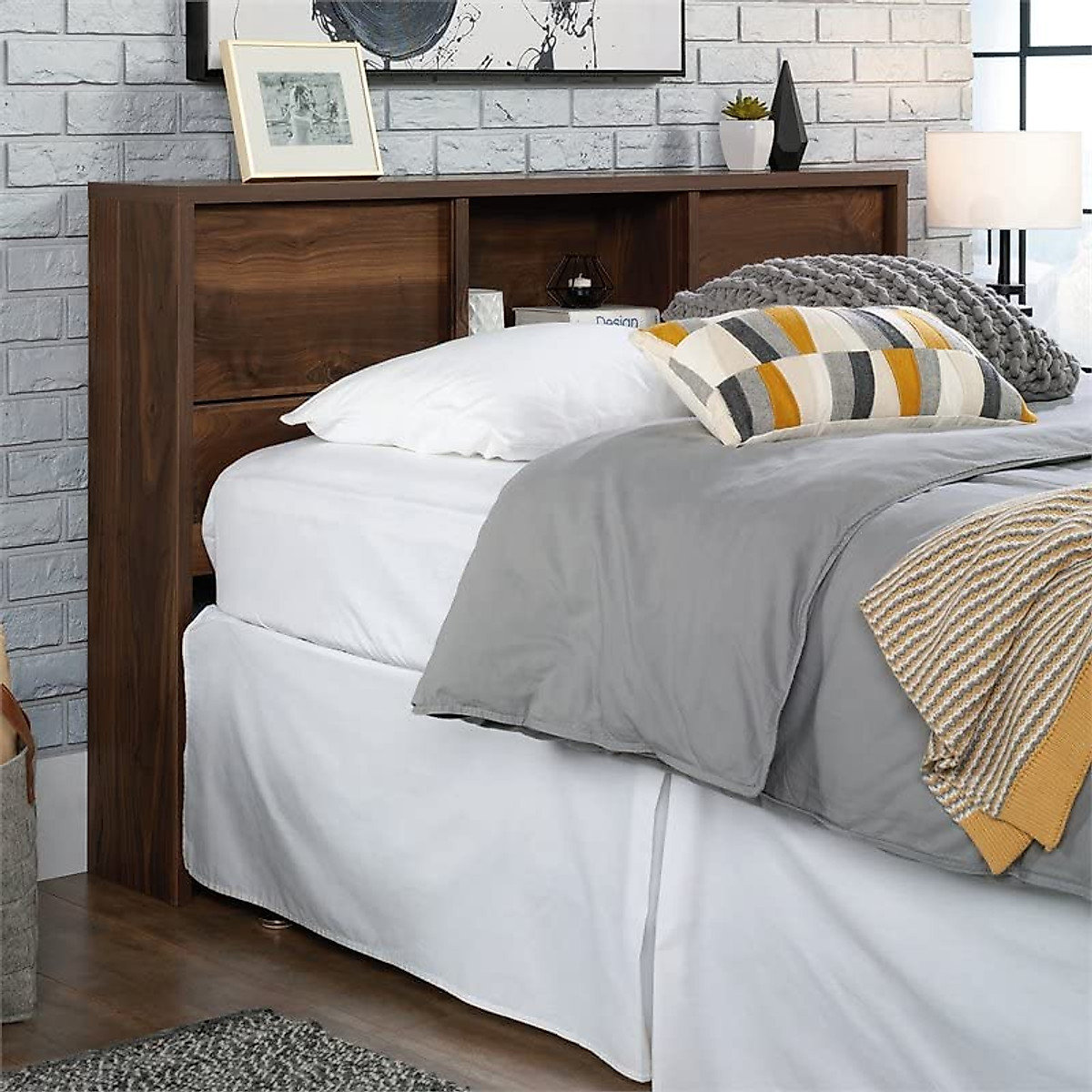 Sauder Harvey Park Full/Queen Bookcase Headboard with Doors, Grand Walnut Finish