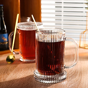 Swetwiny Clear Glass Coffee Mugs, 13oz Classic Vertical Stripes Tea Mug, Ribbed Mugs with Lid and Spoon for Espresso, Latte, Gift for Anniversary Christmas Birthday (Clear, Glass)