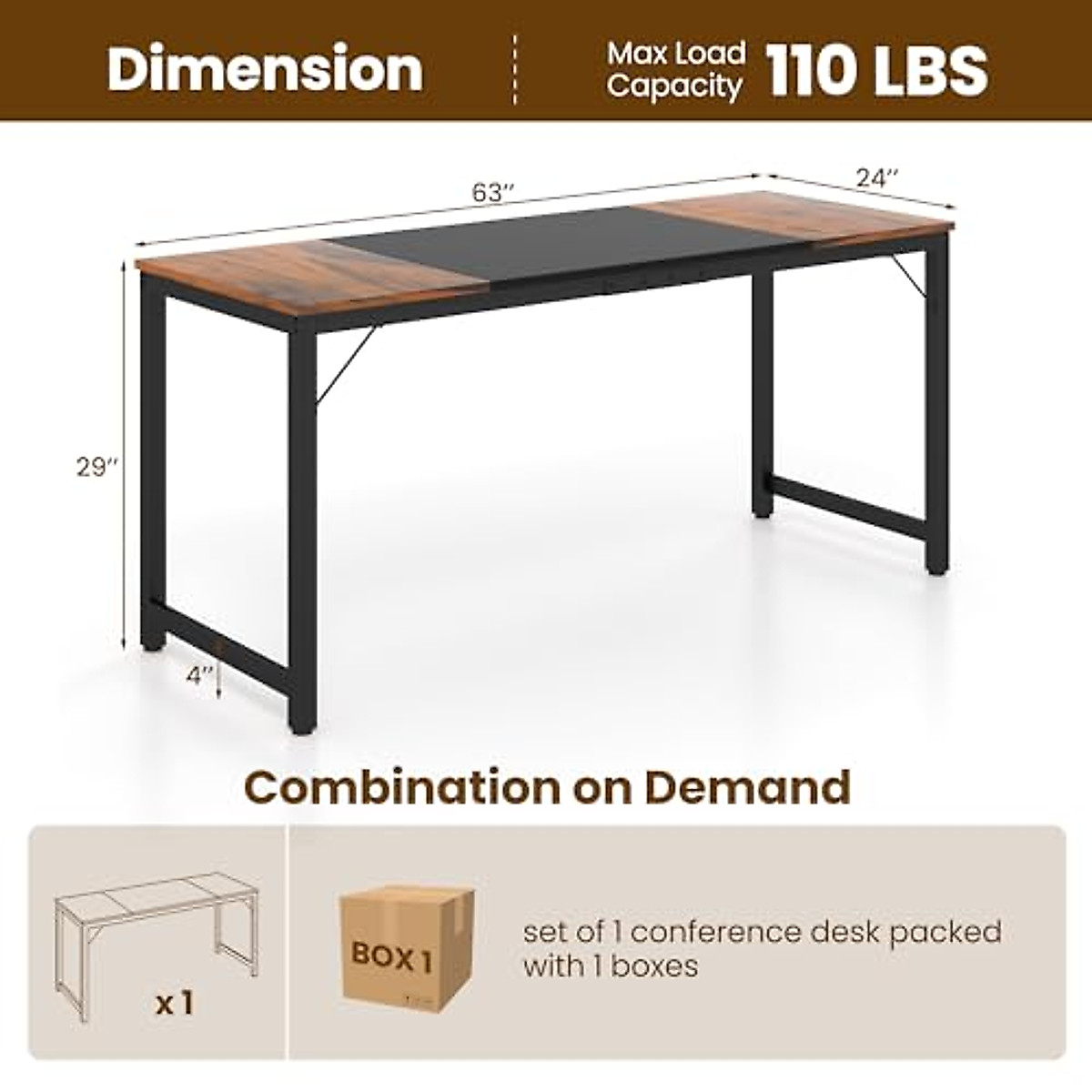 Tangkula 63” x 24” Conference Table, Meeting Table with Metal Frame & Adjustable Foot Pads, Seminar Boardroom Table, Training Table for Office, Black & Rustic Brown