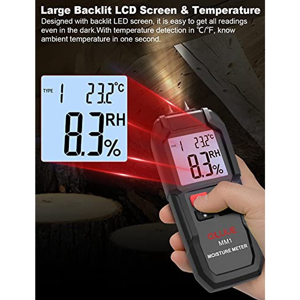 QLUUE Digital Moisture Meter, Moisture Tester with Replaceable pin, Temperature Measurement, Backlit LCD Display Moisture Detector for Wood, Building, Floor