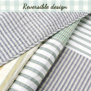 Cozy Line Home Fashions Green Yellow Blue Plaid Striped Real Patchwork 100% Cotton, Reversible Coverlet, Bedspread, Quilt Bedding Set (Green Patchwork, Twin - 2 Piece)