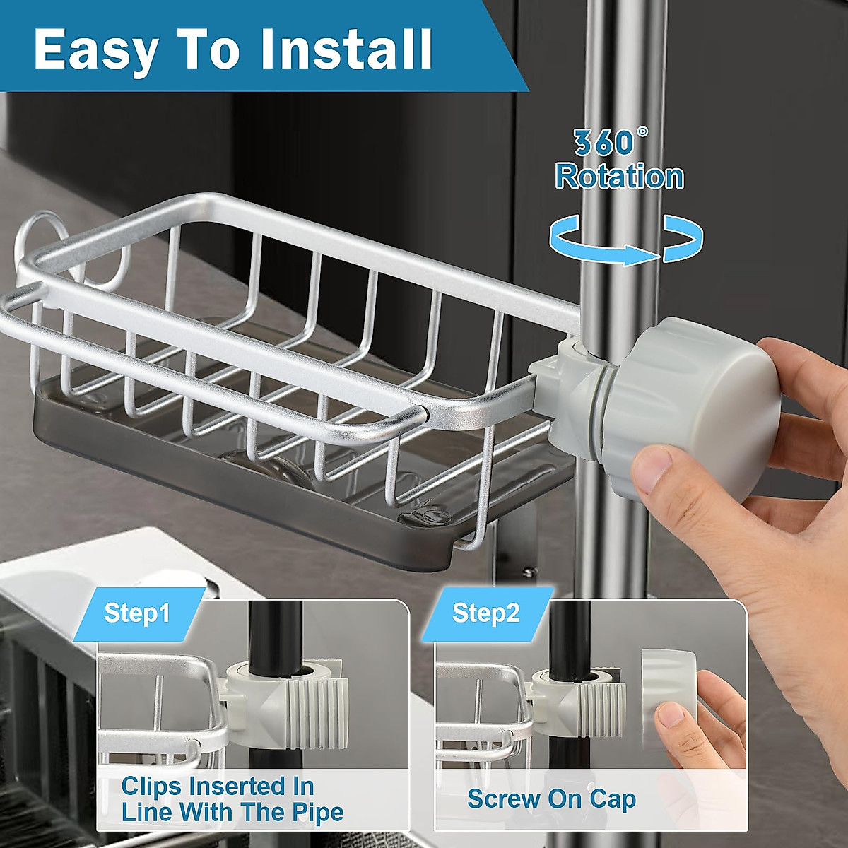 CAGSIG Kitchen Sink Faucet Organizer, Faucet Storage Rack with Drain Tray & Towel Rack, Multi-Function Sponge Holder Faucet Storage Rack for 0.7-1.1 Inch Round Water Pipes Silver-Left