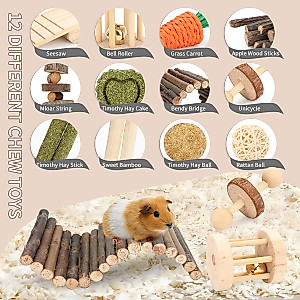 YIXUND Hamster Cage Accessories, 12 Different Chew Toys for Guinea Pig, Chinchillas, Gerbils, Mice, Rats, Mouse, Rabbit, Bunny Hideout Seesaw, Natural Molar Tools