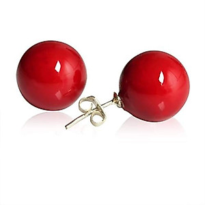 Lureme Women 12mm Red Shell Bead Silver Tone Classic Round Ball Stud Earrings 02001451
