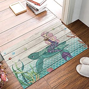 Aomike Indoor Outdoor Doormat Summer Style Beautiful Elegant Mermaid Sea Turtle Coral Retro Wood Grain Entrance Door Mat Durable Floor Mat Low-Profile Rug for Home Office Garden, 18" x 30"