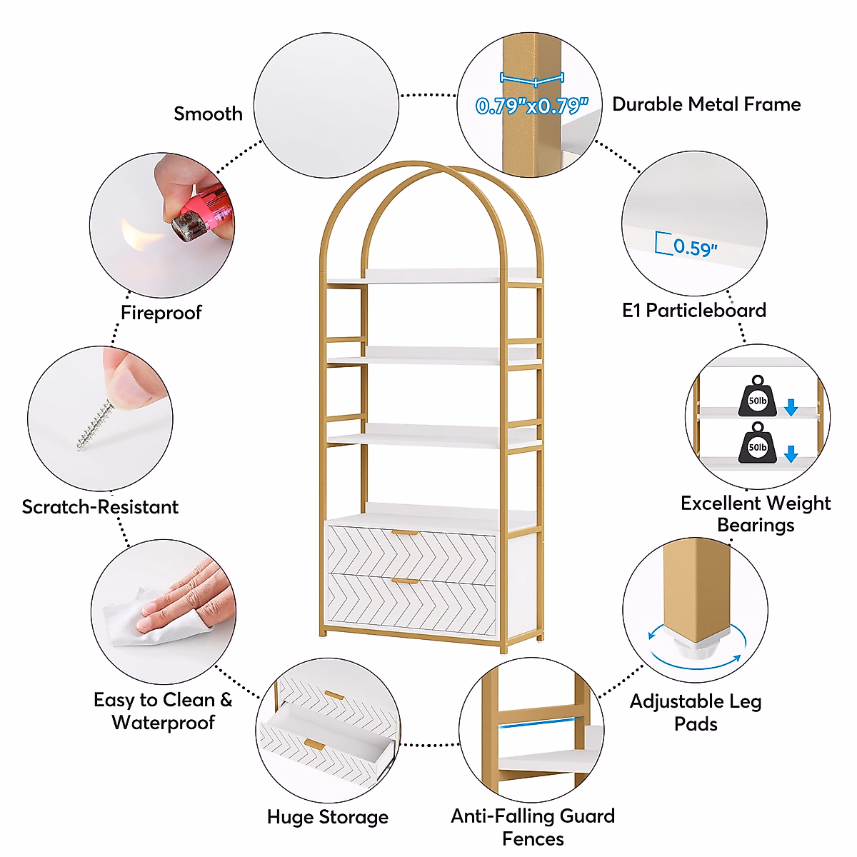 Tribesigns 4-Tier Bookshelf with 2 Drawers, 74.80”H Tall Bookcase 4 Display Shelf Small Place, Free Standing Multipurpose Storage Rack Etagere Book Shelves Tower, Home Office, White, Gold