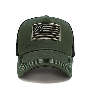 Uphily Army Green US American Flag Trucker Cap - Olive Mid Profile Curved Bill Patriotic Mesh Dad Hat for Men or Women