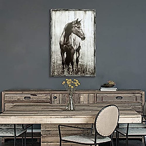 Horse Print Rustic Framed Painting: Gray Wildlife Animal Wooden Wall Art Portrait Picture Decor Artwork for Bedroom Farmhouse 24"x36"