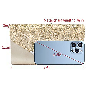 DIGOGO Sequins Flap Evening Purse Envelope Shaped Clutch Purse Chain Crossbody Shoulder Bag for Wedding Party Prom Ball Gold