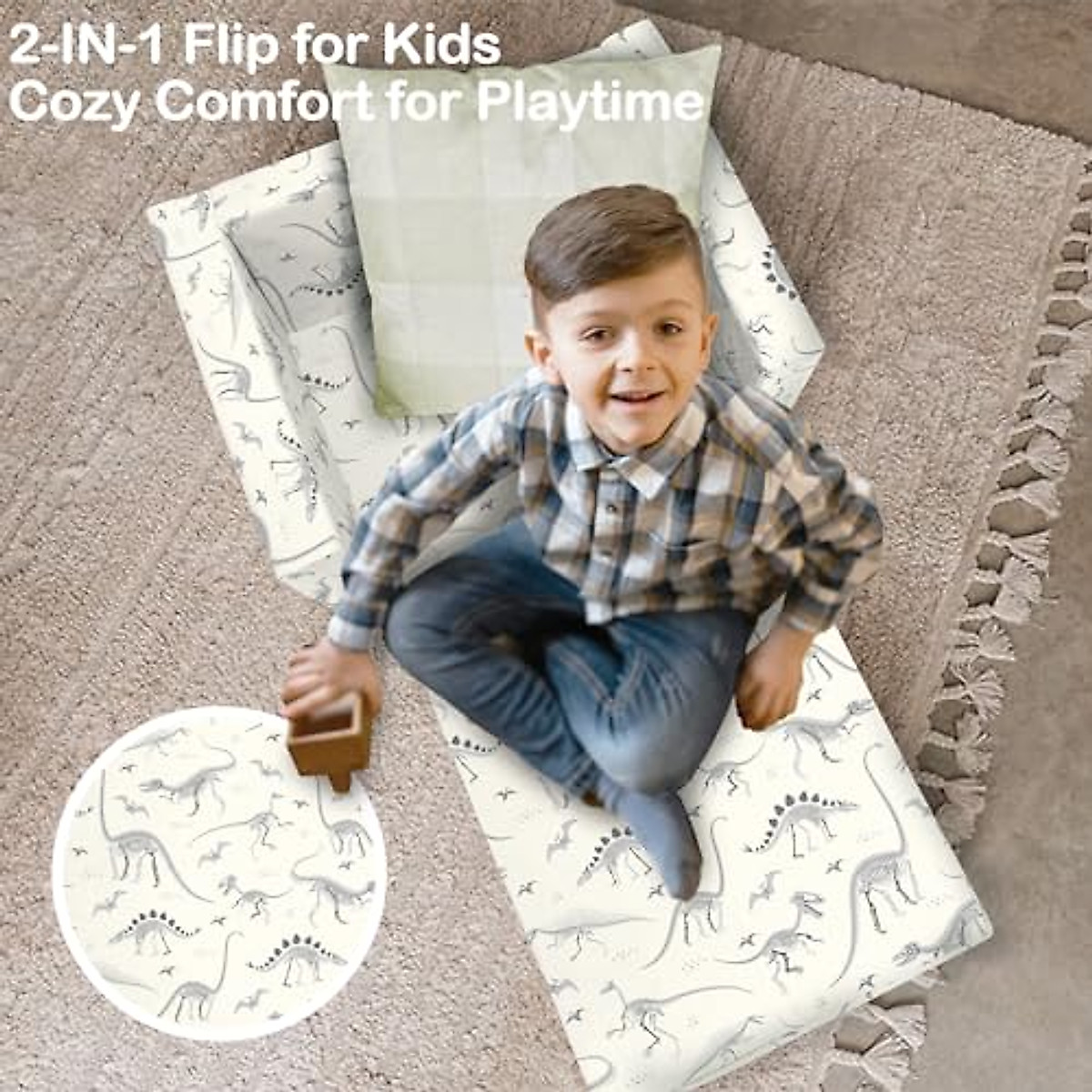 Hän Babos Kids Couch, 2-in-1 Convertible Sofa to Lounger, Comfy Flip-Out Couch Chair/Sleeper Bed for Toddler Boys and Girls (Dinasour Fossil)