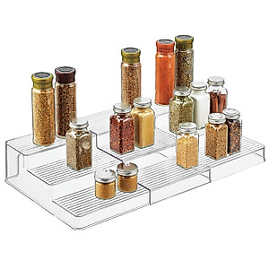 mDesign Plastic Spice and Food Kitchen Expandable Cabinet Shelf Organizer - 3 Tier Storage - Modern Compact Caddy Rack - Holds Spices/Herb Bottles, Jars - for Shelves, Cupboards, Refrigerator - Clear