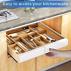 Pull out Cabinet Organizer, Expandable(11.7"-19.7") Heavy Duty Slide out Drawers Fixed with Adhesive Nano Film for Pots, Roll out Shelf Storage for Kitchen Base Cabinet Organization(White)