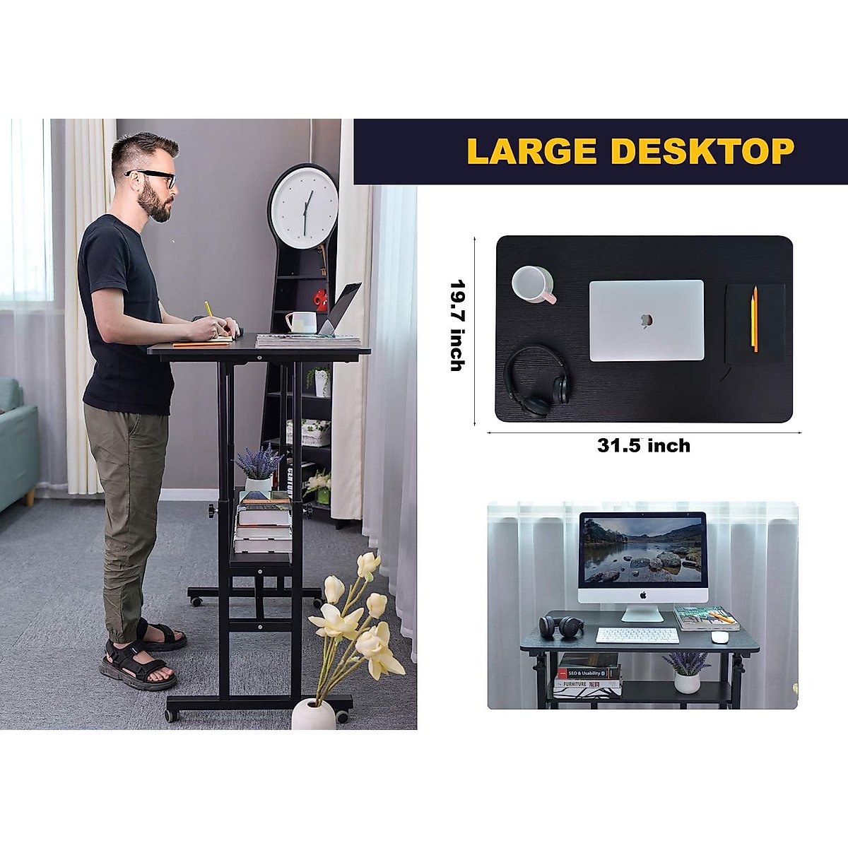 AIZ Mobile Standing Desk, Adjustable Computer Desk Rolling Laptop Cart on Wheels Home Office Computer Workstation, Portable Laptop Stand Tall Table for Standing or Sitting, Black 31.5" x 19.7"