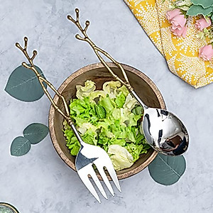 Twig Salad Servers Brass & Stainless Steel, Fork & Spoon Set Leaf Design, Two Tone Ideal for Weddings, Dinner Parties, Elegant Flatware, Housewarming Gifts, Stainless Steel Mirror Polished (Gold Twig)