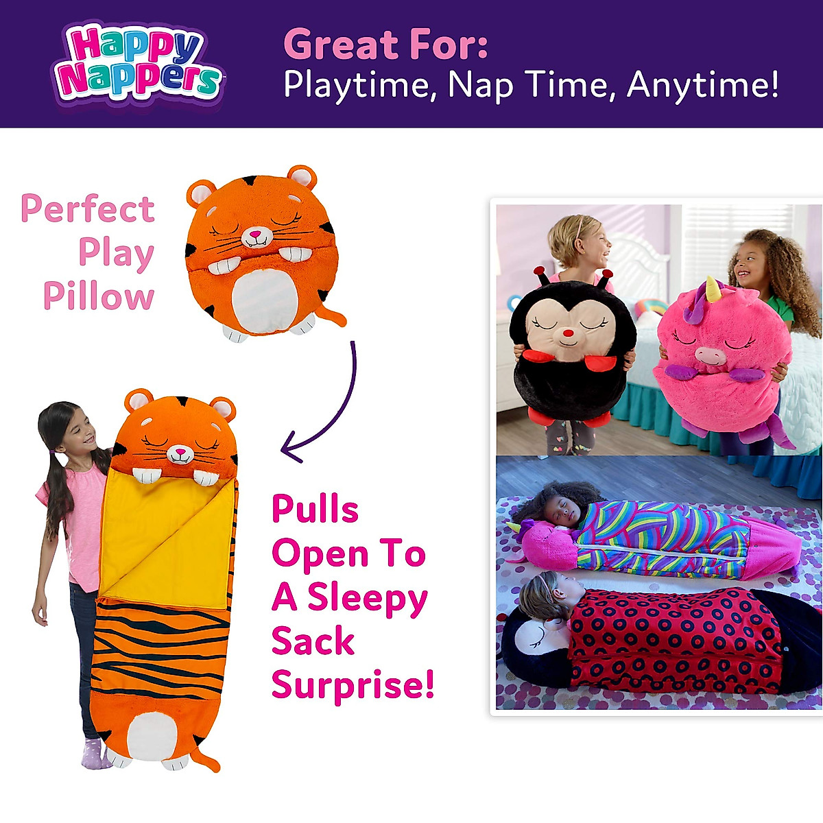 Happy Nappers Pillow & Sleepy Sack- Comfy, Cozy, Compact, Super Soft, Warm, All Season, Sleeping Bag with Pillow- Large 66” x 30”, Tiger
