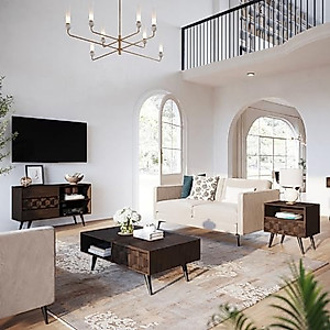 Bme Georgina Solid Wood Nightstand With 1 Drawer & Open Shelf- Fully Assembled Mid Century Modern Side Table - Geometric Pattern Bedside Dresser for Bedroom and Living Room